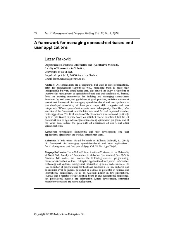 Pdf A Framework For Managing Spreadsheet Based End User Applications