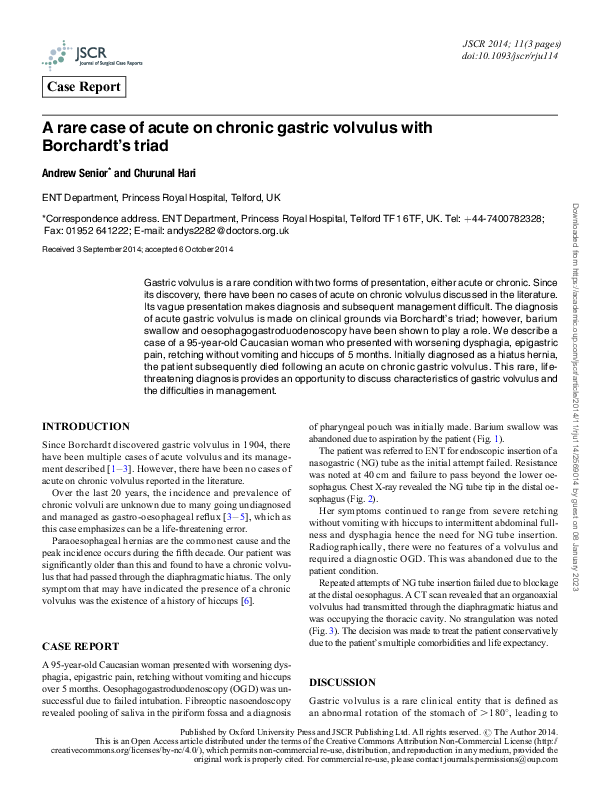 (PDF) A rare case of acute on chronic gastric volvulus with Borchardt's ...