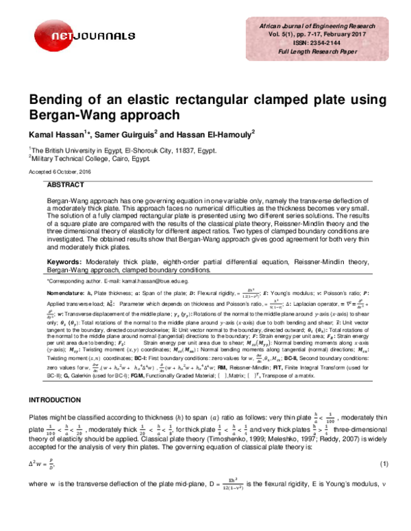 (PDF) Bending of an elastic rectangular clamped plate using Bergan-Wang ...