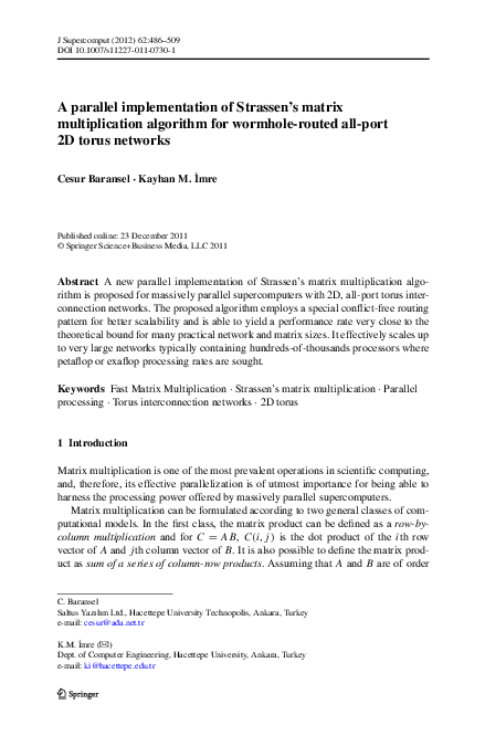 (PDF) A parallel implementation of Strassen’s matrix multiplication algorithm for wormhole ...