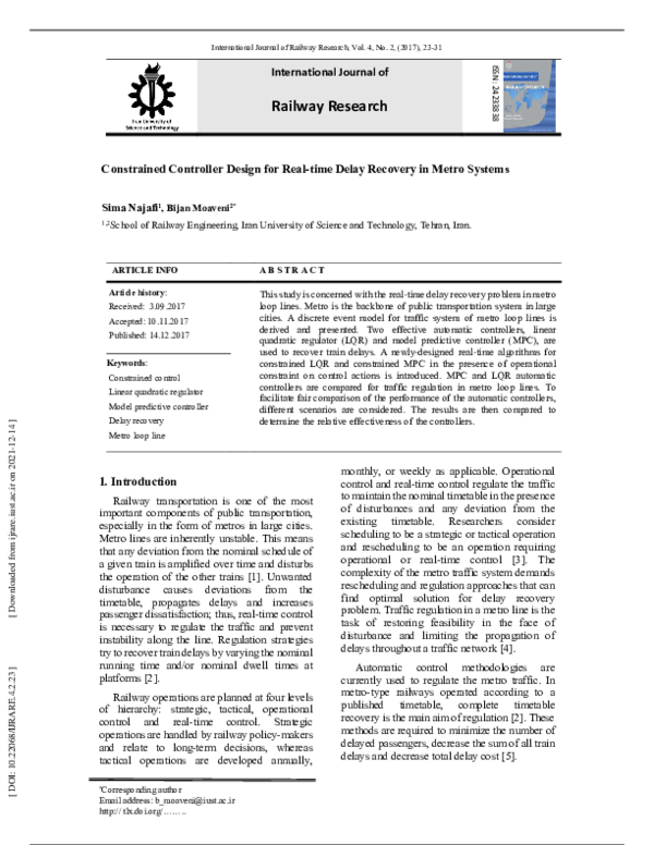 (PDF) Constrained Controller Design for Real-time Delay Recovery in Metro Systems