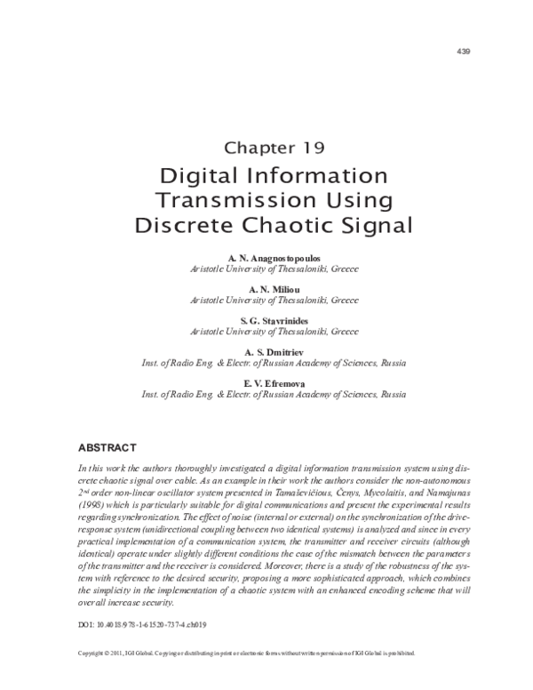Pdf Digital Information Transmission Using Discrete Chaotic Signal