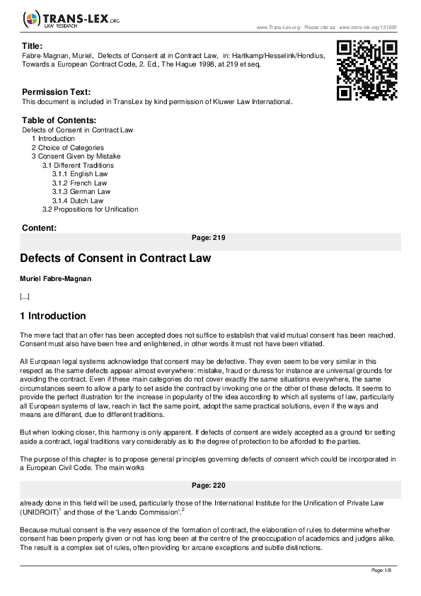(PDF) Defects of Consent in Contract Law