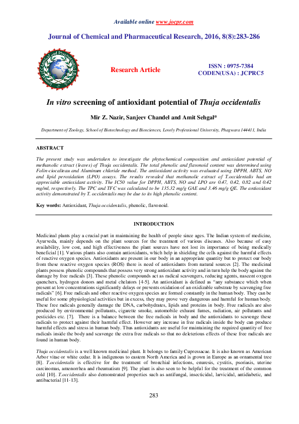 (PDF) In vitro screening of antioxidant potential of Thuja occidentalis