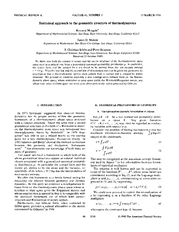 (PDF) Statistical approach to the geometric structure of thermodynamics