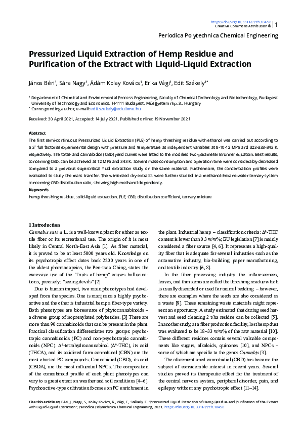 (PDF) Pressurized Liquid Extraction of Hemp Residue and Purification of the Extract with Liquid ...
