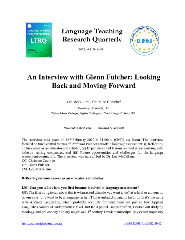 (PDF) An Interview with Glenn Fulcher: Looking Back and Moving Forward