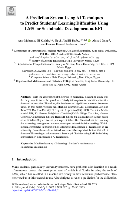 (PDF) A Prediction System Using AI Techniques to Predict Students' Learning Difficulties Using ...