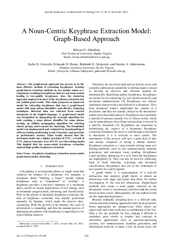 Pdf A Noun Centric Keyphrase Extraction Model Graph Based Approach