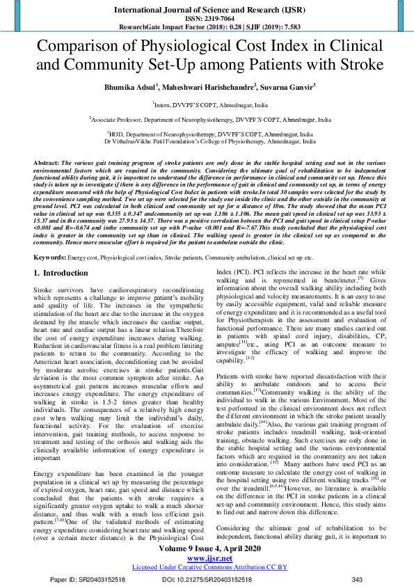 (PDF) Comparison of Physiological Cost Index in Clinical and Community Set-Up among Patients ...