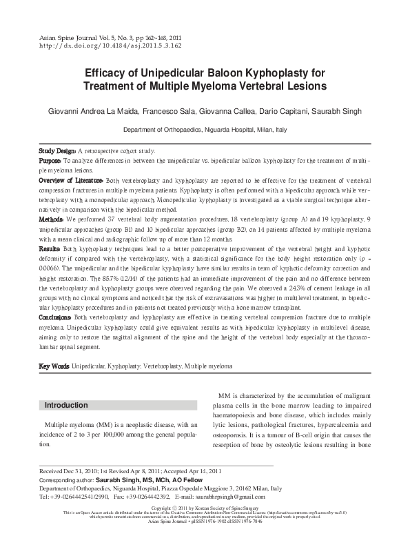 (PDF) Efficacy of Unipedicular Baloon Kyphoplasty for Treatment of ...