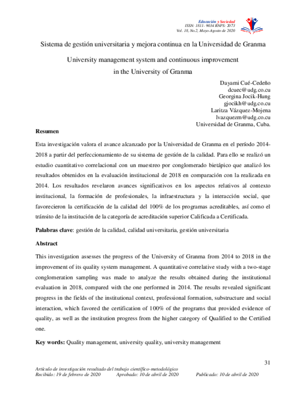 (PDF) Sistema de gestión universitaria y mejora continua en la ...