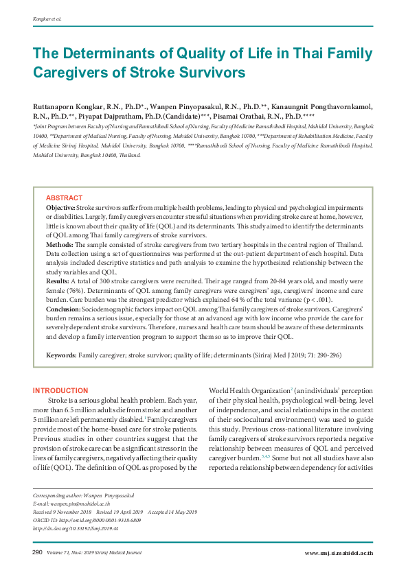 (PDF) The Determinants of Quality of Life in Thai Family Caregivers of Stroke Survivors