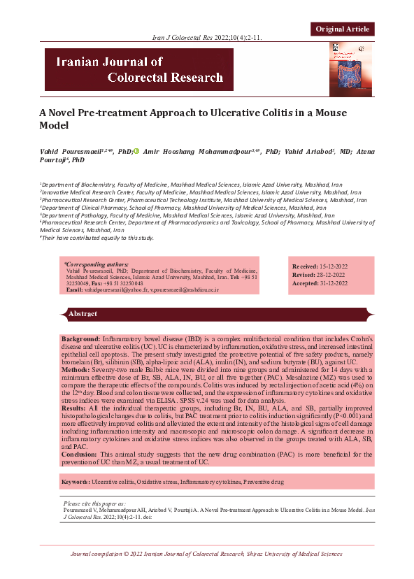 (PDF) A Novel Pre-treatment Approach to Ulcerative Colitis in a Mouse ...