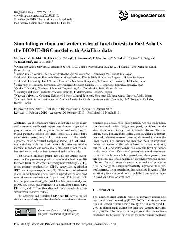 (PDF) Simulating carbon and water cycles of larch forests in East Asia ...