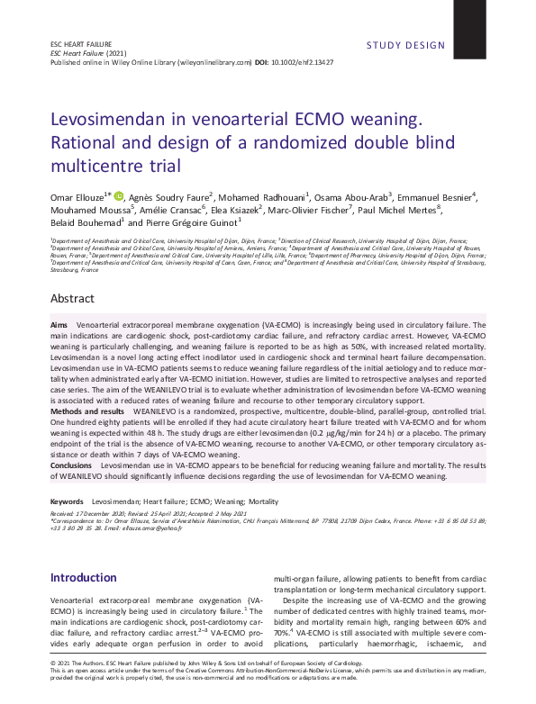 (PDF) Levosimendan in venoarterial ECMO weaning. Rational and design of a randomized double ...