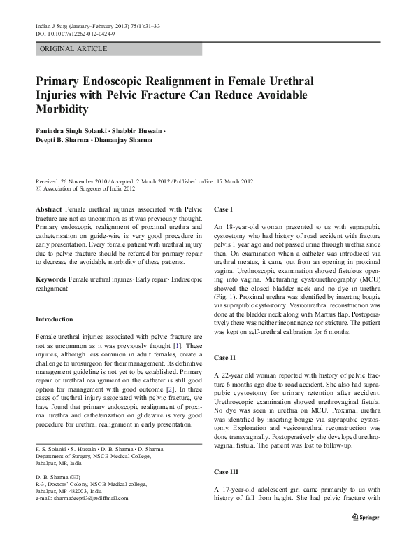 (PDF) Primary Endoscopic Realignment in Female Urethral Injuries with ...