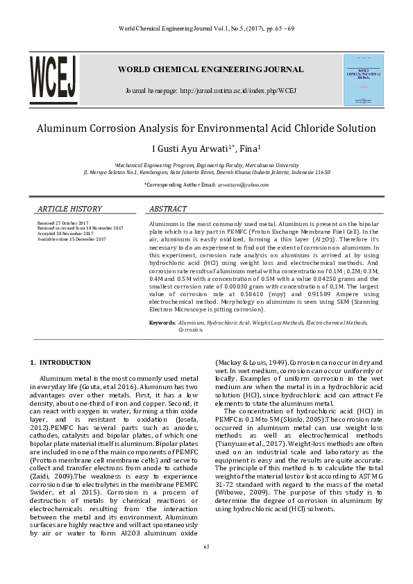(PDF) Aluminum Corrosion Analysis for Environmental Acid Chloride Solution