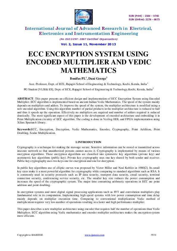 (PDF) Ecc Encryption System Usingencoded Multiplier and Vedicmathematics