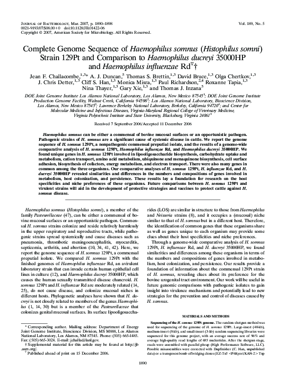 (PDF) Complete Genome Sequence of Haemophilus somnus ( Histophilus ...