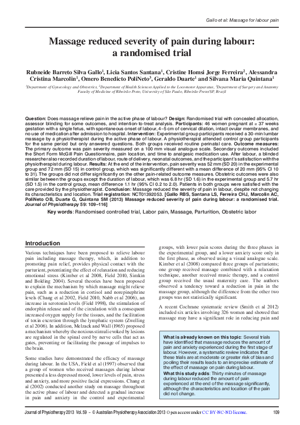 (PDF) Massage reduced severity of pain during labour: a randomised trial