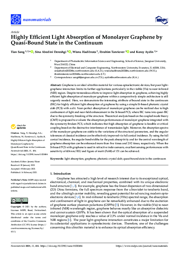 (PDF) Highly Efficient Light Absorption of Monolayer Graphene by Quasi ...