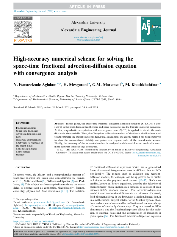 Pdf High Accuracy Numerical Scheme For Solving The Space Time Fractional Advection Diffusion