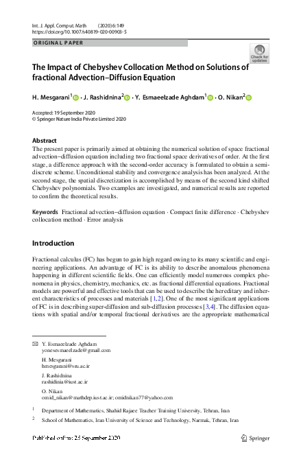 Pdf The Impact Of Chebyshev Collocation Method On Solutions Of Fractional Advection Diffusion