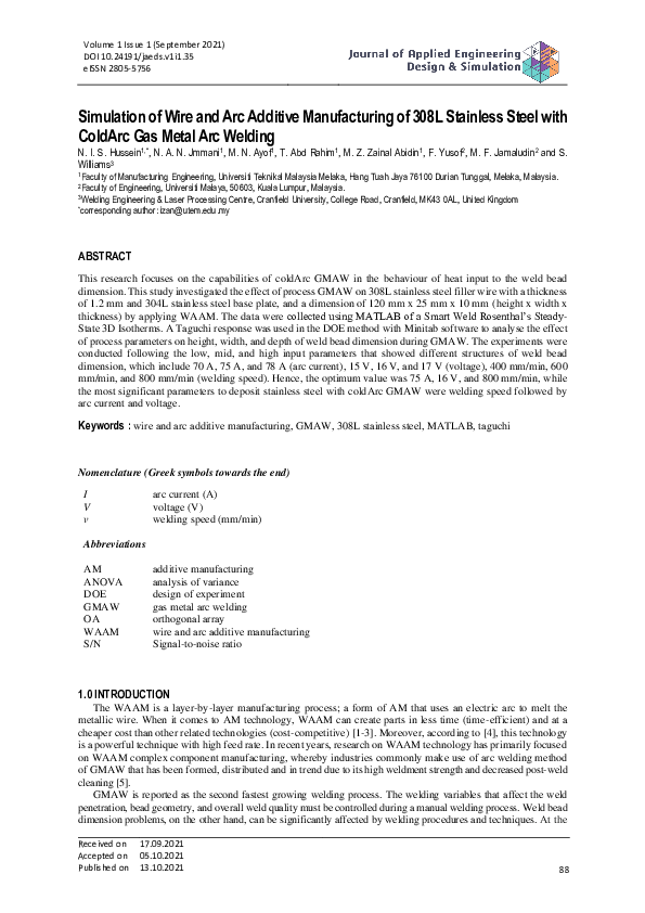 (PDF) Simulation of wire and arc additive manufacturing of 308L ...