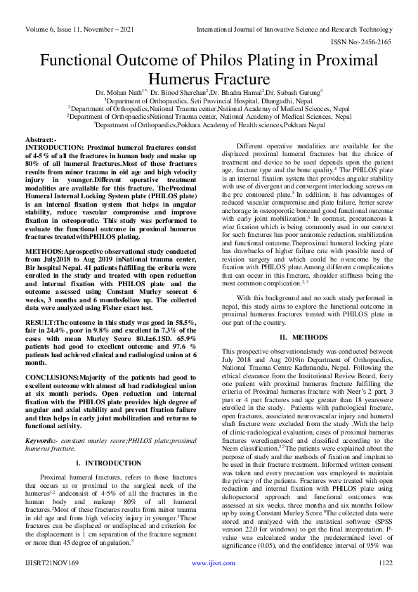 (PDF) Functional Outcome of Philos Plating in Proximal Humerus Fracture