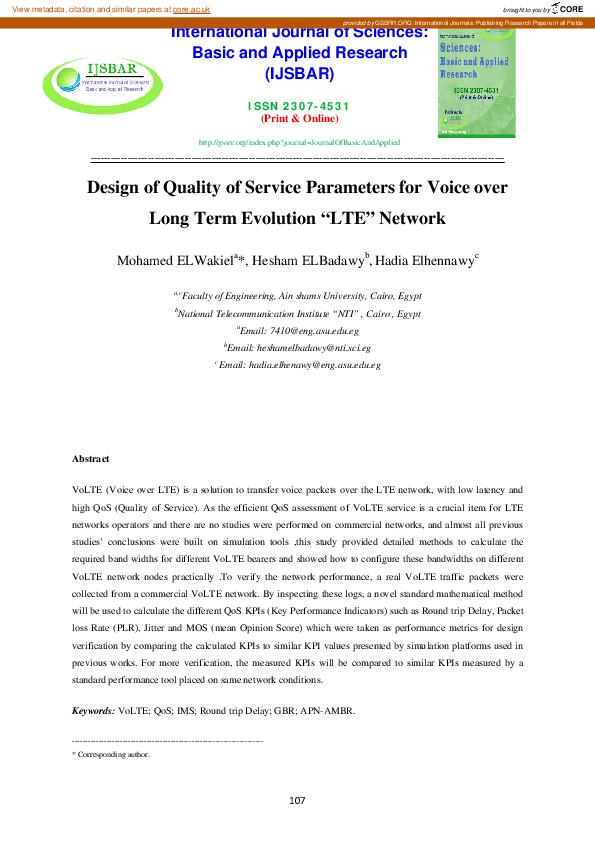 (PDF) Design of Quality of Service Parameters for Voice over Long Term Evolution “LTE” Network