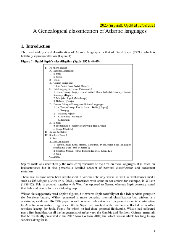 (PDF) A genealogical classification of Atlantic languages (in print 2023)