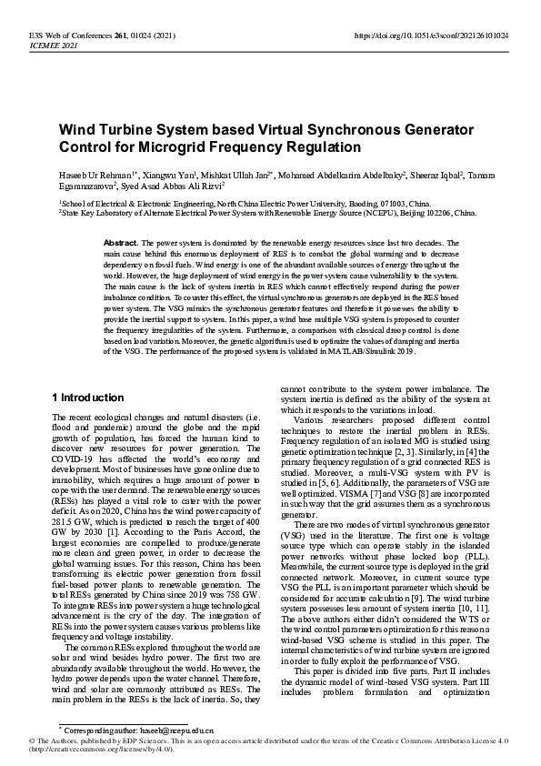 Pdf Wind Turbine System Based Virtual Synchronous Generator Control For Microgrid Frequency