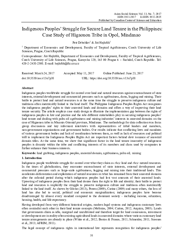 (PDF) Indigenous Peoples’ Struggle for Secure Land Tenure in the Philippines: Case Study of ...
