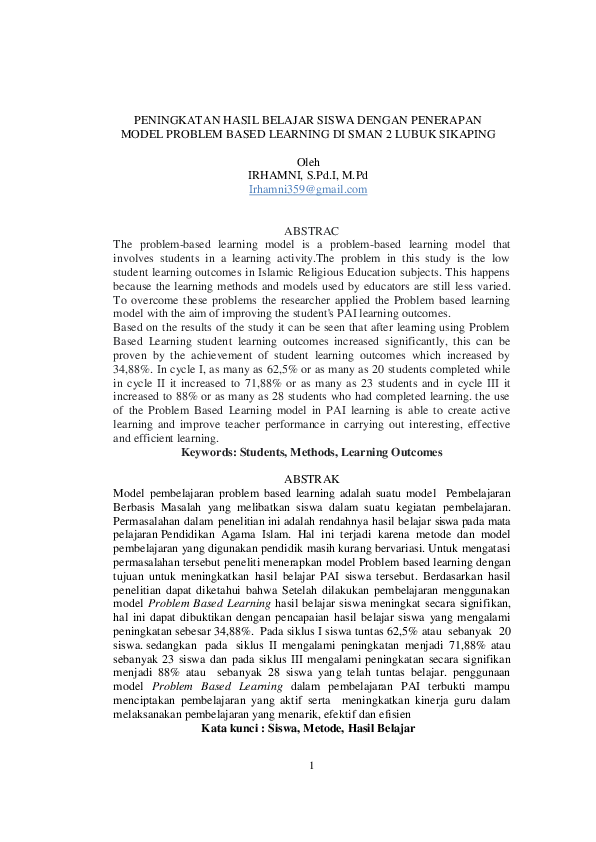 (PDF) PTK PENINGKATAN HASIL BELAJAR SISWA DENGAN PENERAPAN MODEL PROBLEM BASED LEARNING DI SMAN ...