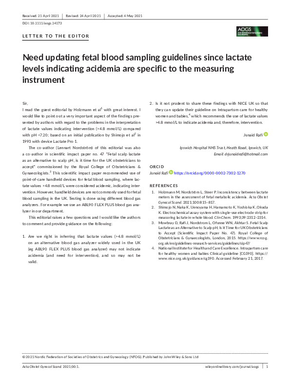 (PDF) Need updating fetal blood sampling guidelines since lactate ...