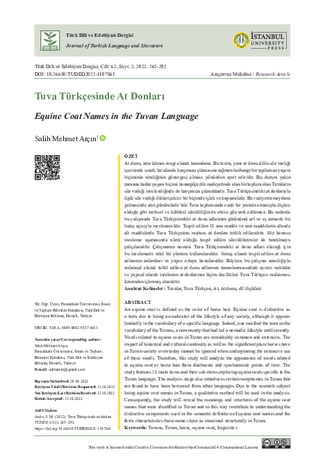 (PDF) Tuva Türkçesinde At Donları / Coat Names in the Tuvan Language