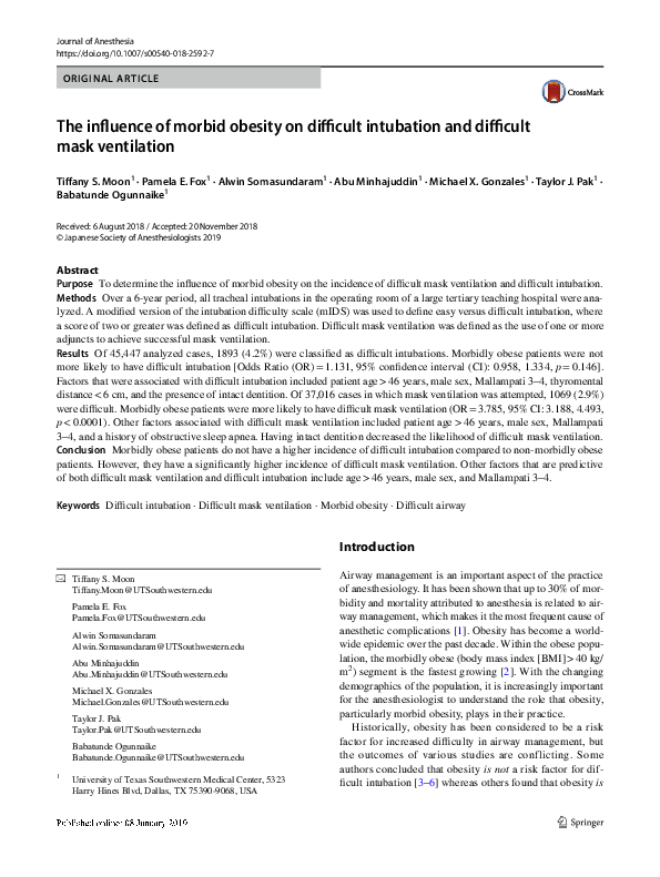 (PDF) The influence of morbid obesity on difficult intubation and ...