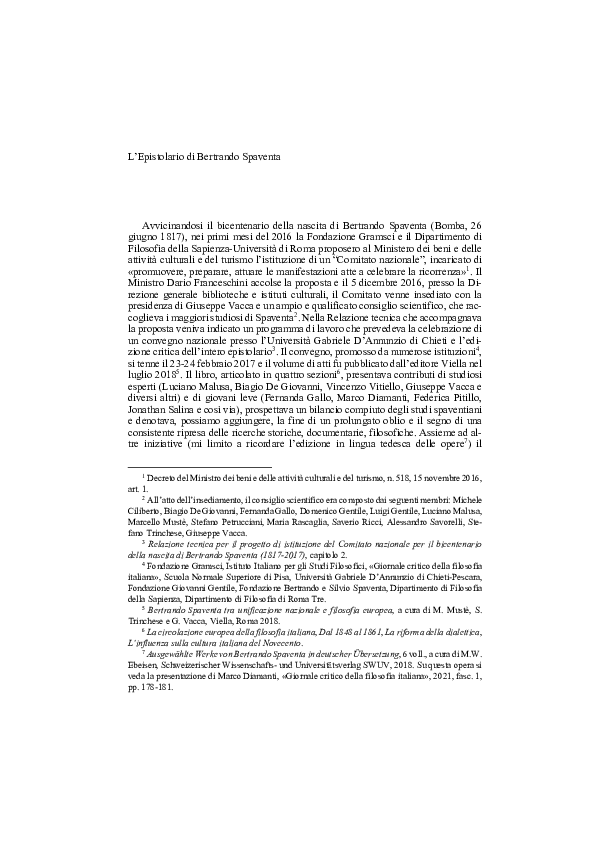 (PDF) L'Epistolario di Bertrando Spaventa (2022)