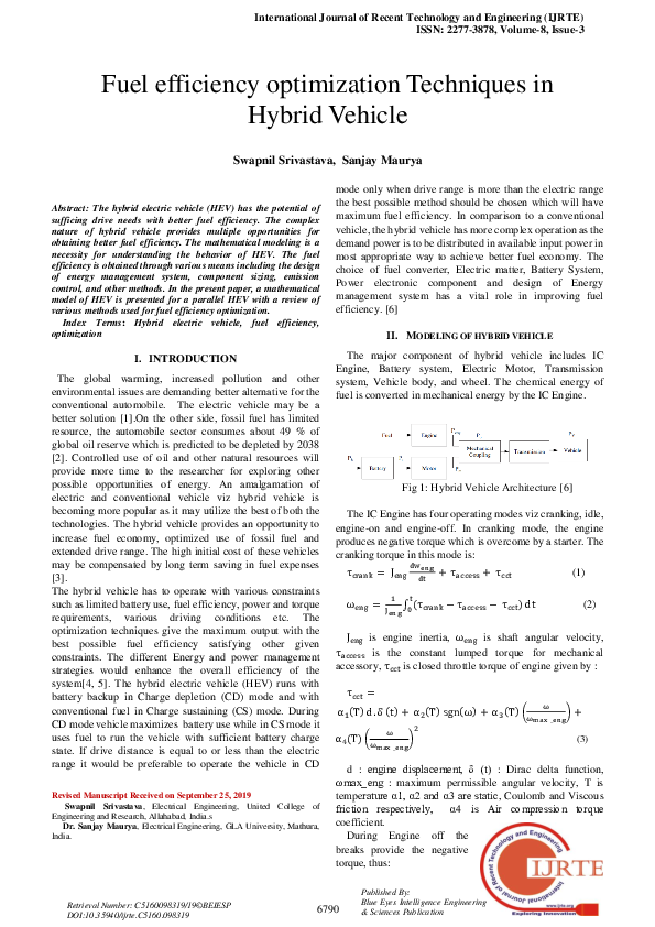 (PDF) Fuel efficiency optimization Techniques in Hybrid Vehicle