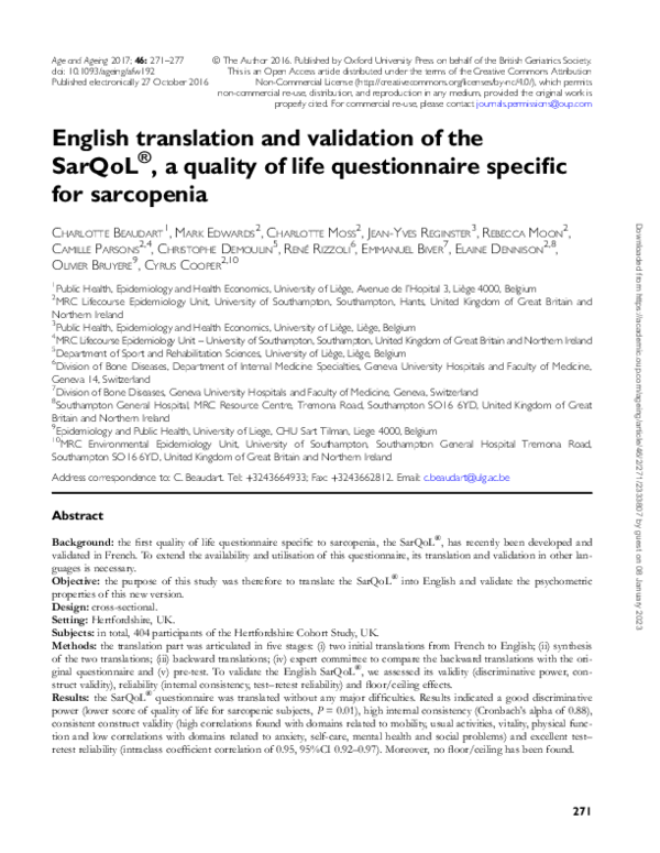 (PDF) English translation and validation of the SarQoL®, a quality of life questionnaire ...