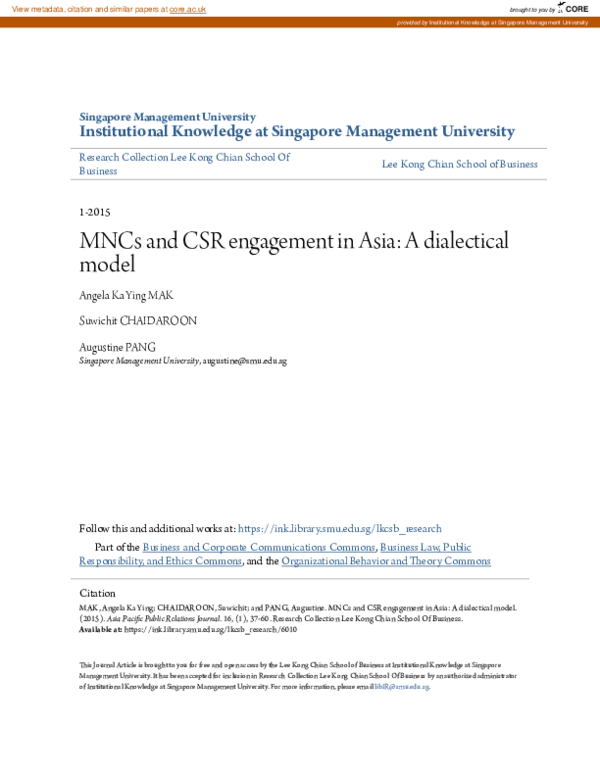 (PDF) MNCs and CSR engagement in Asia: A dialectical model