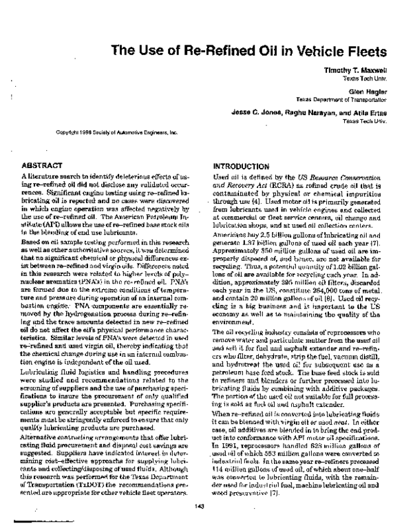 (PDF) The Use of Re-Refined Oil in Vehicle Fleets