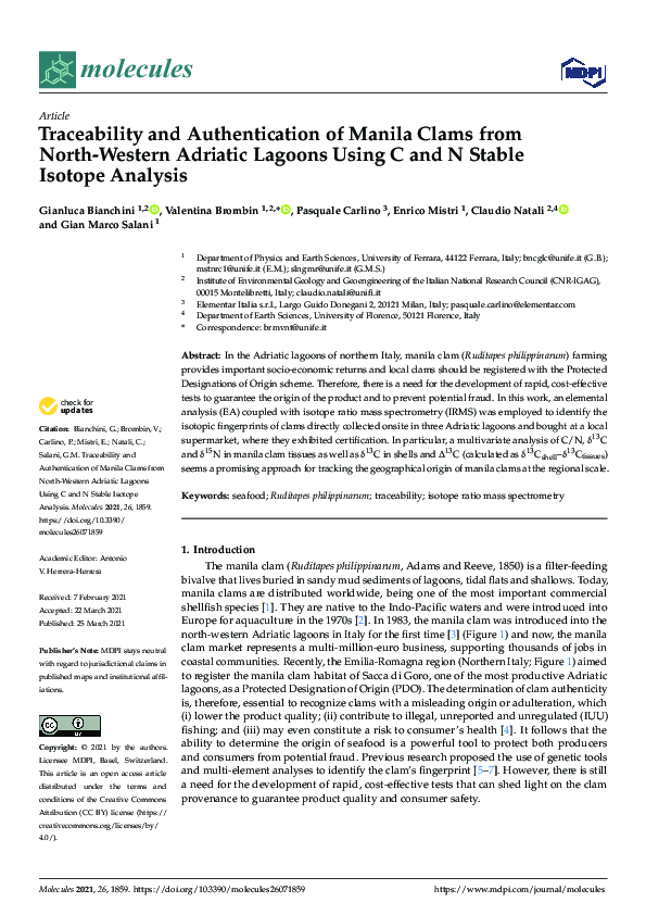 (PDF) Traceability and Authentication of Manila Clams from North-Western Adriatic Lagoons Using ...