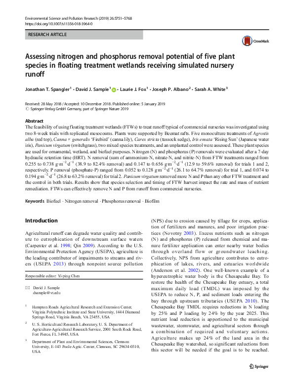 (PDF) Assessing nitrogen and phosphorus removal potential of five plant ...