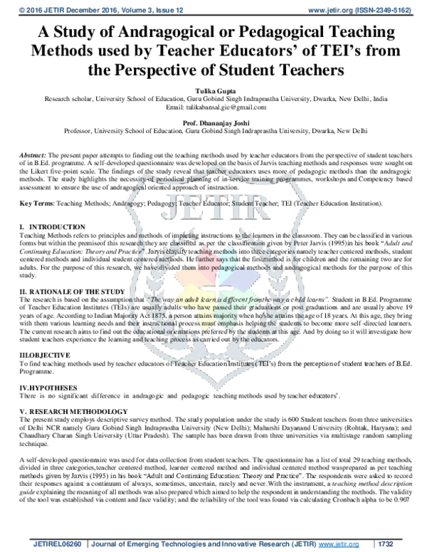 (PDF) A Study of Andragogical or Pedagogical Teaching Methods used by ...