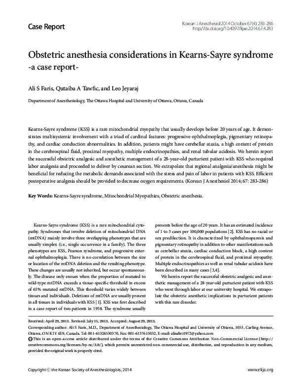 (PDF) Obstetric anesthesia considerations in Kearns-Sayre syndrome: a case report | Ali Faris ...