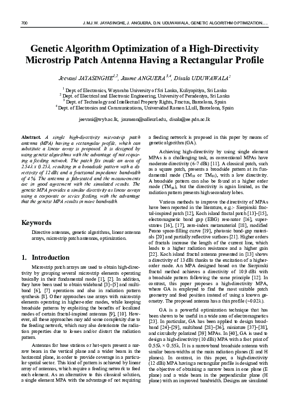 Pdf Genetic Algorithm Optimization Of A High Directivity Microstrip Patch Antenna Having A