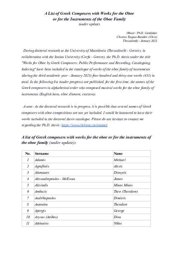 (PDF) A List of Greek Composers with Works for the Oboe or for the ...