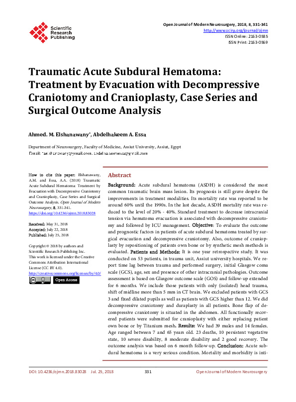 (PDF) Traumatic Acute Subdural Hematoma: Treatment by Evacuation with Decompressive Craniotomy ...